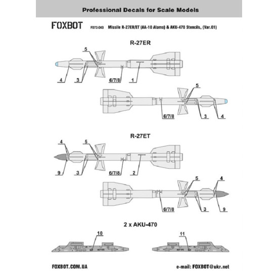 Foxbot 72-043 - 1/72 Stencils Soviet Missile R-27ER/ET (AA-10 Alamo) & AKU-470 (Var.1) Model Kit ...